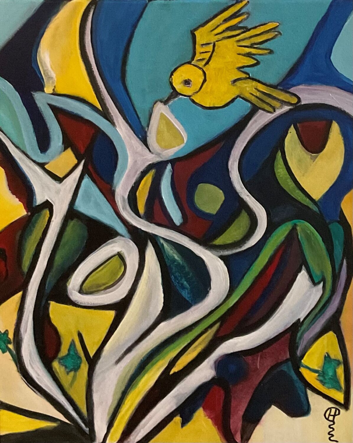 Yellow Bird in White Ivy by Doc Heiens (2022) : Painting Acrylic on ...