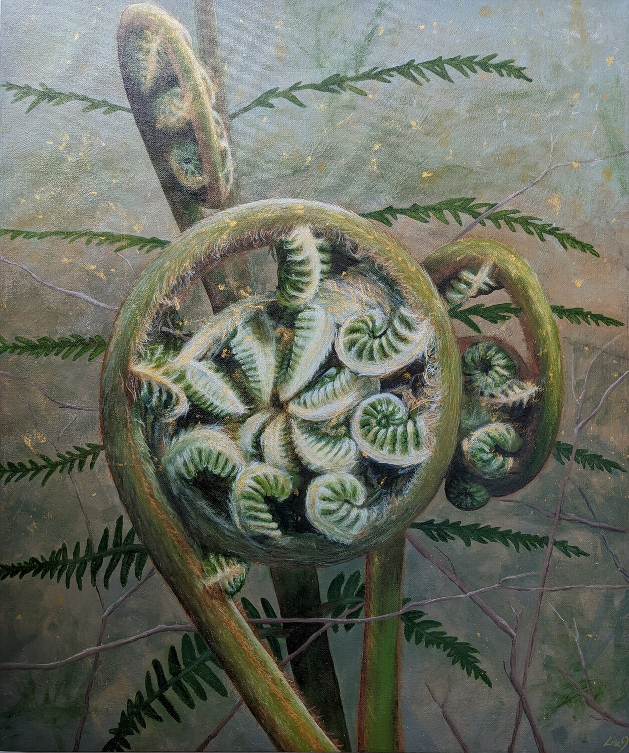 Fern Spirals in Golden Light by Lisa Gaudron (2022) : Painting Acrylic ...