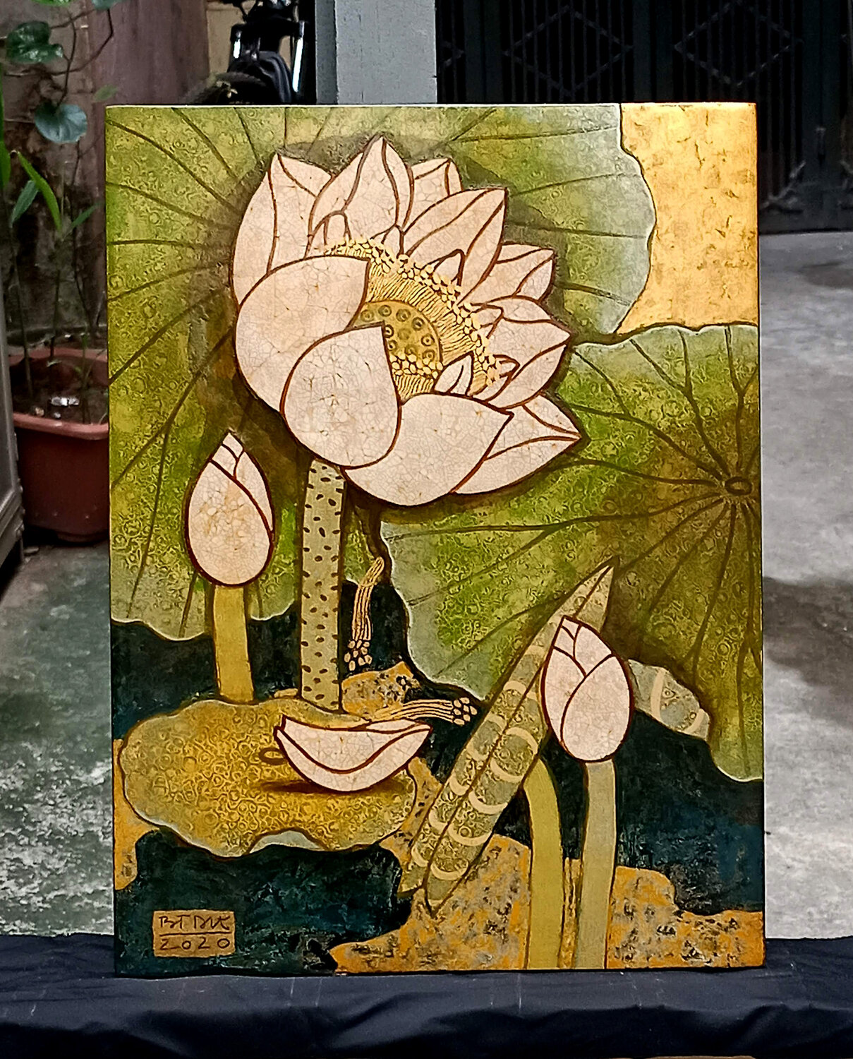 Lotus blooms von Bui Trong Du (2020): Malerei Lack auf Holz - Singulart