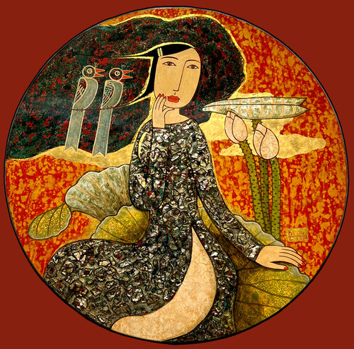 Girl in brocade de Bui Trong Du (2019): Pintura Laca en Madera - Singulart