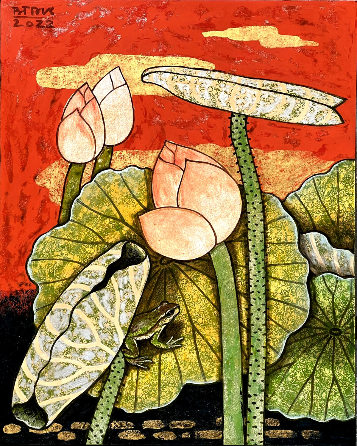 Lotus flower and frog von Bui Trong Du (2022): Malerei Lack auf Holz ...