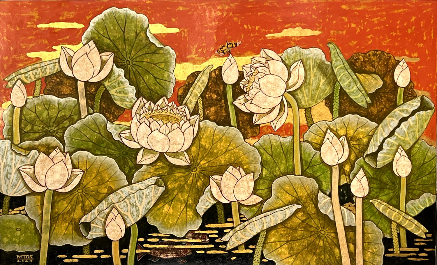 Summer Lotus Swamp de Bui Trong Du (2024): Pintura Laca en Madera ...
