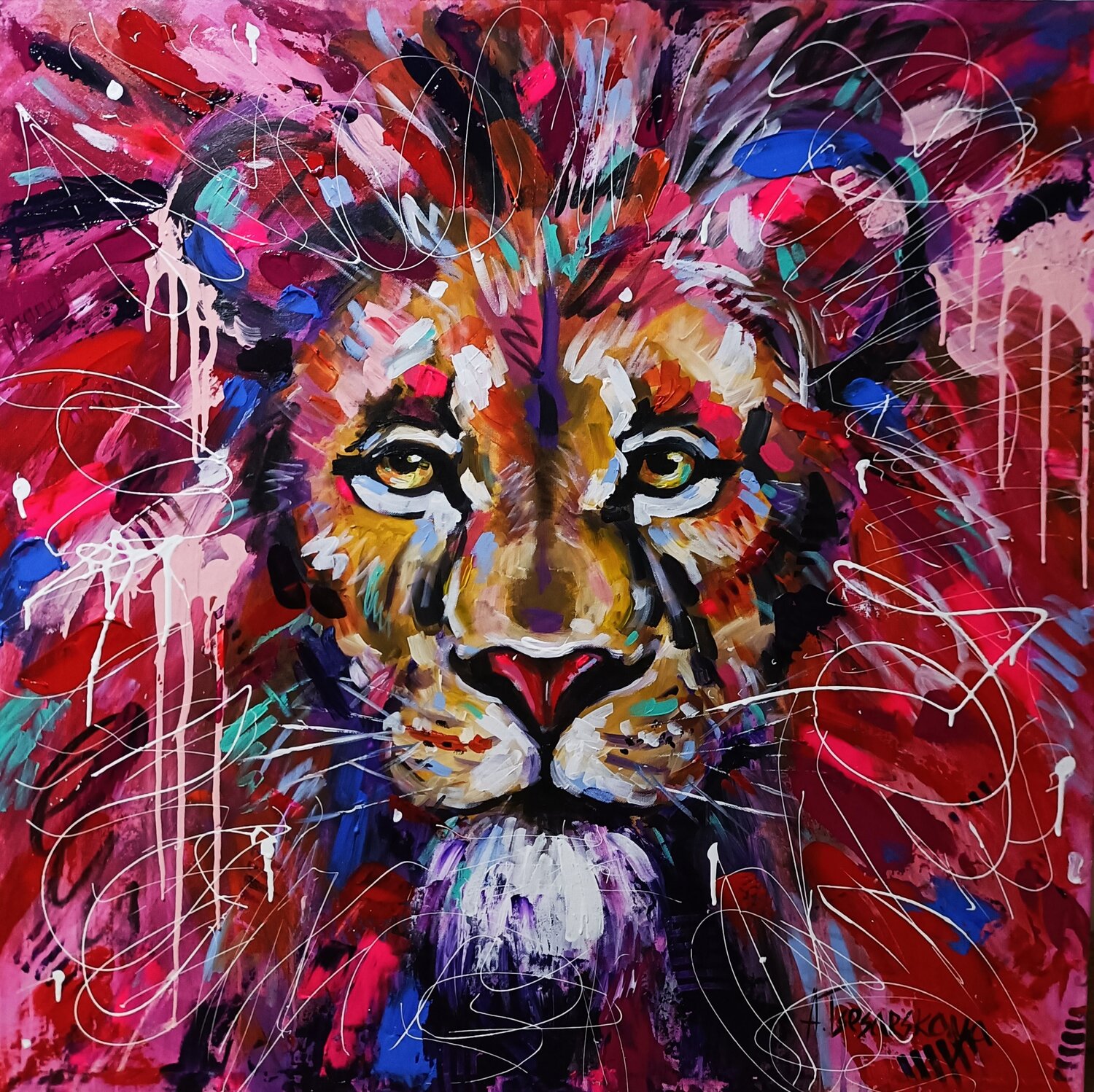 The king lion - colorful portrait lion, viva magenta color Pantone 2023 ...