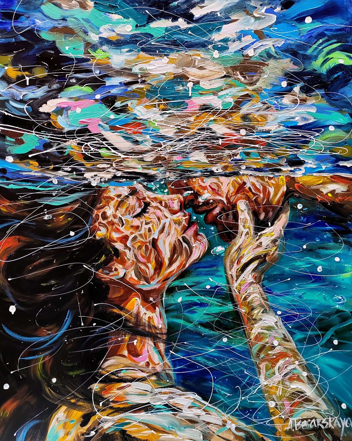 Summer kiss - underwater girl and men by Aliaksandra Tsesarskaya (2023) : Painting Acrylic ...