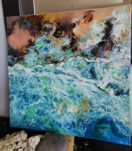Marine print on canvas. Painting with gilding: Sea foam on the shore ...