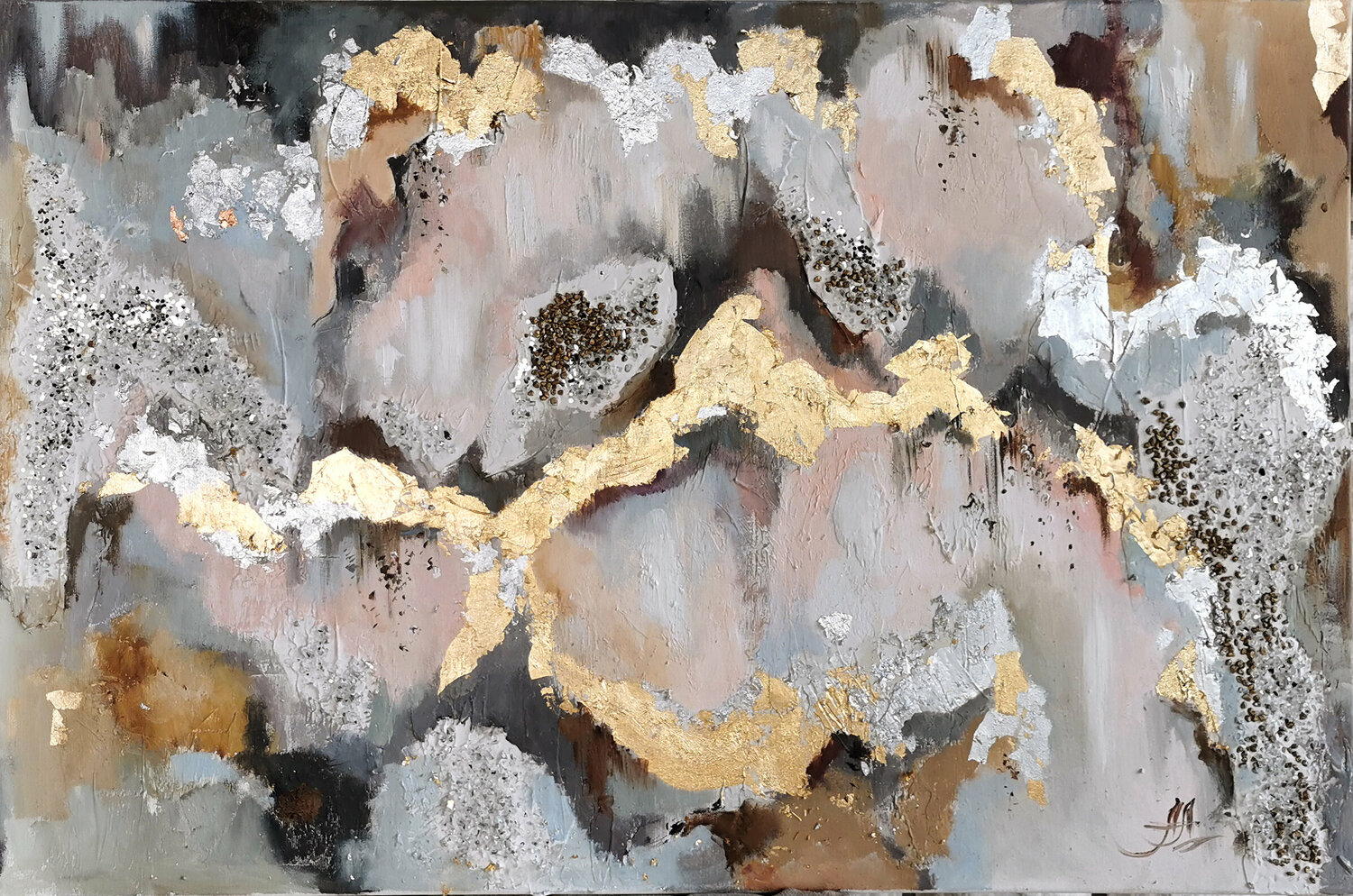Textures and Gold. Shining gold leaf mixed medium painting with texture ...