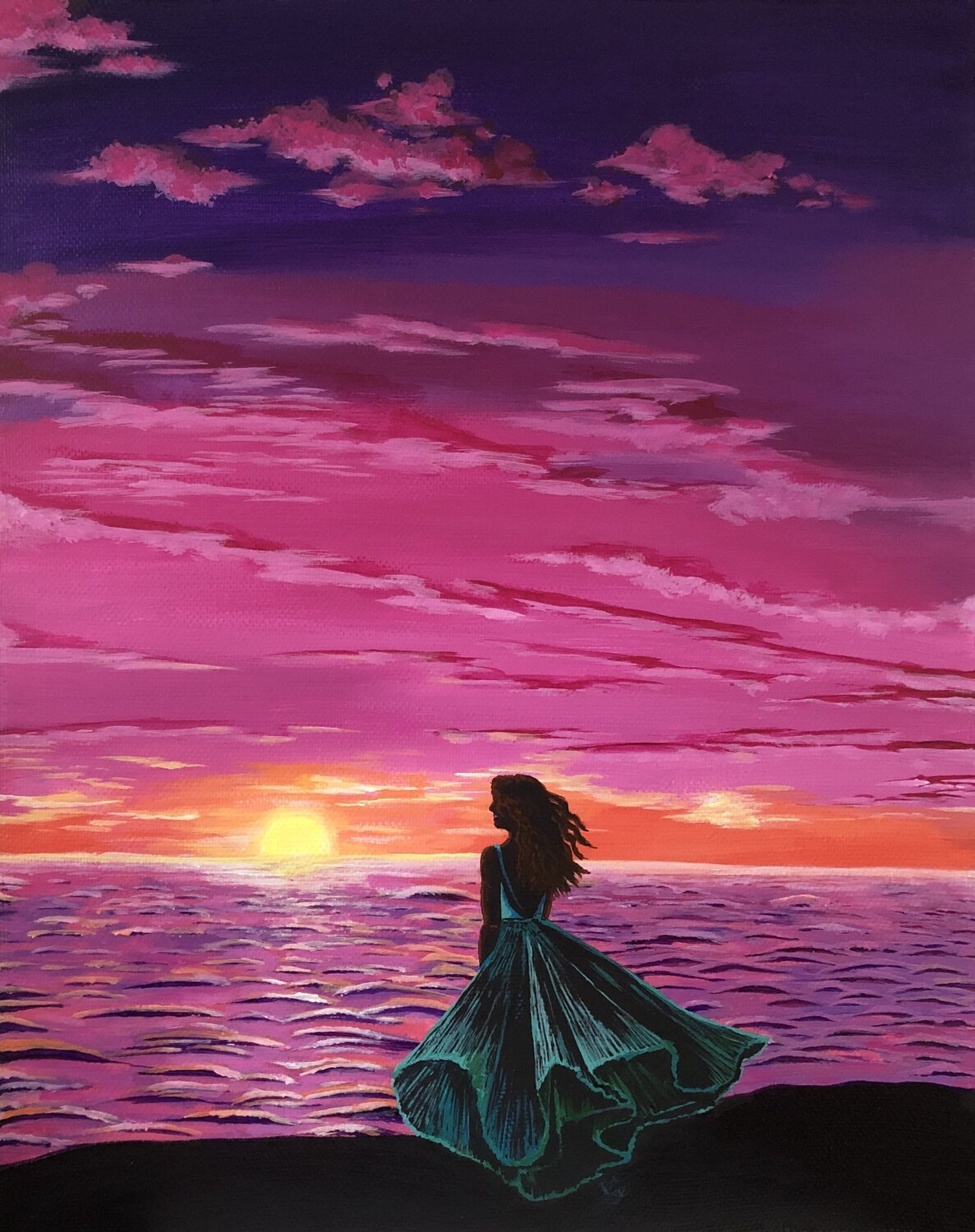 Pink Sunset Painting Beach Sunset Painting Stock Illustrations