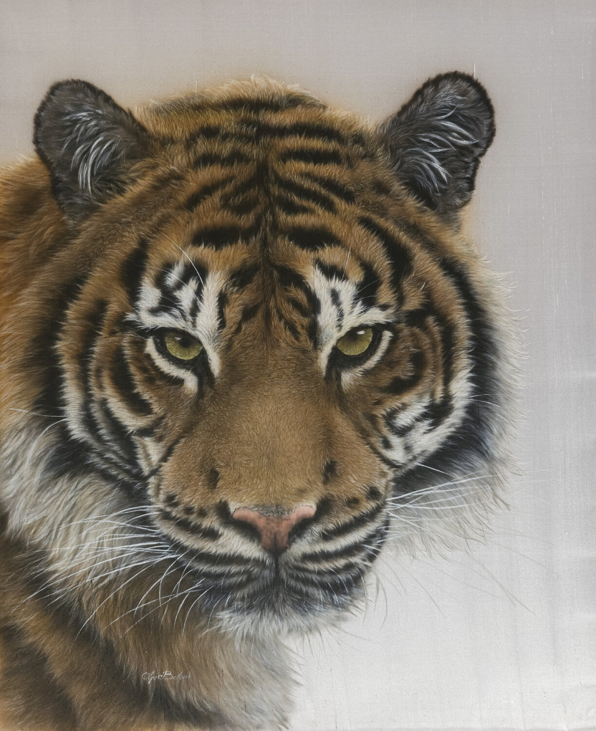 Conqueror’s gaze – hyper realistic tiger portrait painted on pure silk ...