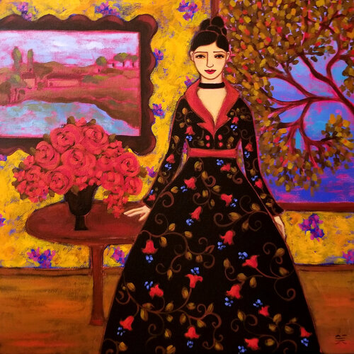 Woman with Roses and Landscape by Karen Rieger (N.D) : Painting Acrylic ...