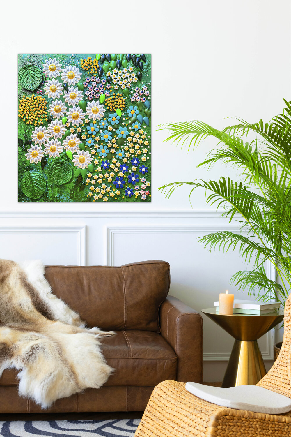 Daisies and forget-me-nots in colorful summer garden. Flowers bas ...