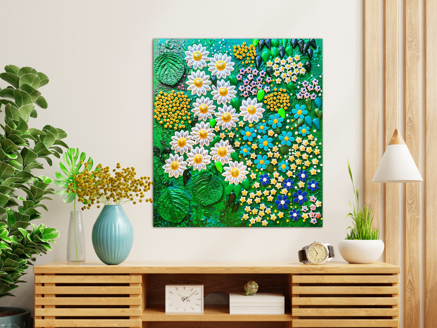 Daisies and forget-me-nots in colorful summer garden. Flowers bas ...