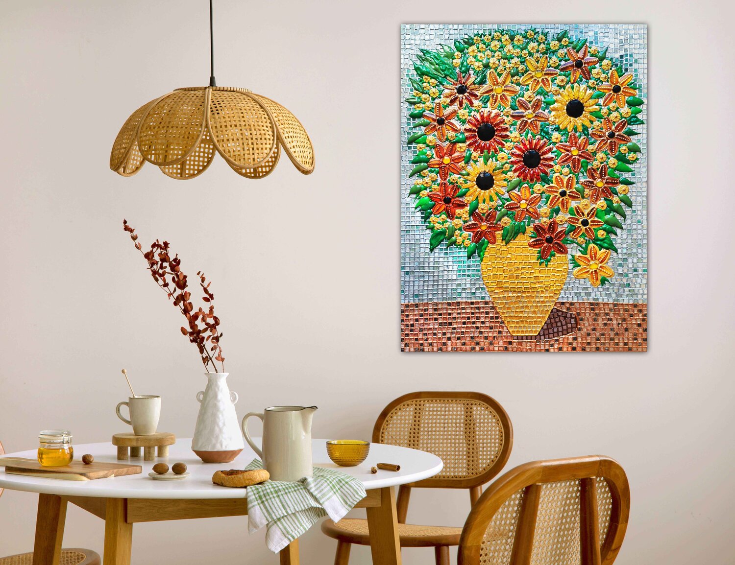 Amber Sunflowers. Still life Flowers in vase. Precious stones & marble ...