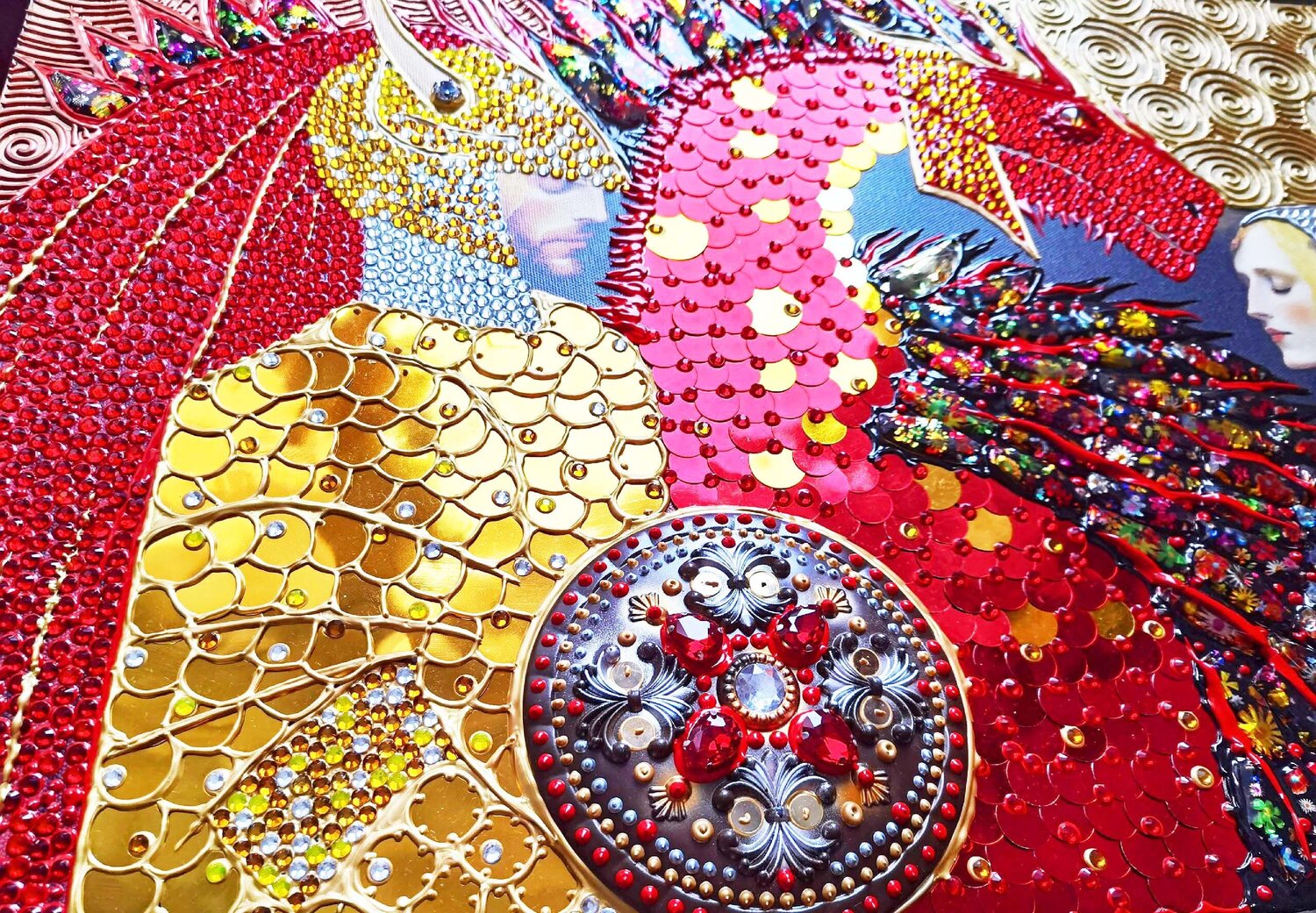 Princess, knight and red dragon. Fantasy art, original decorative red ...