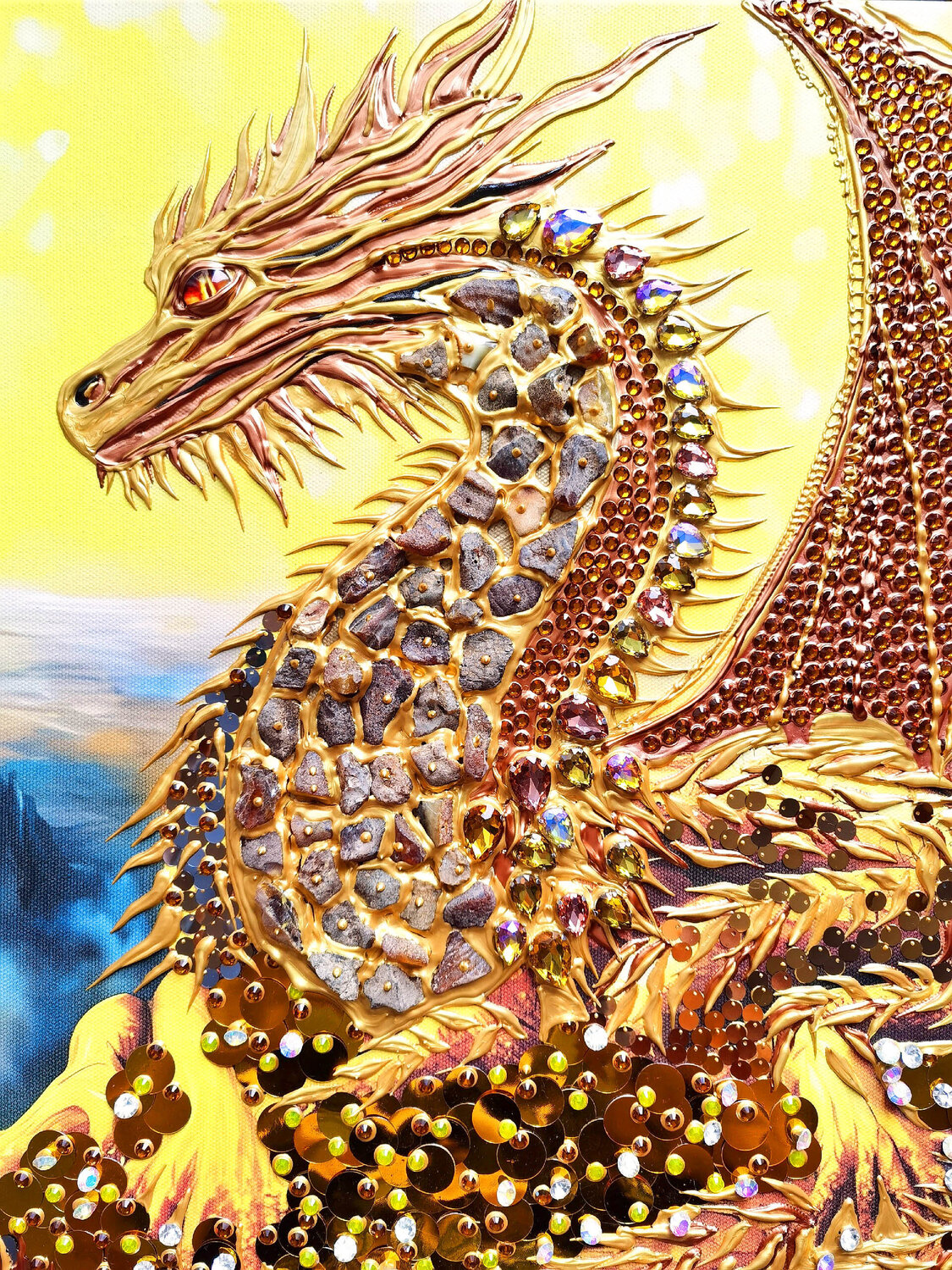 Golden dragon - original painting on canvas with crystal shimmering ...