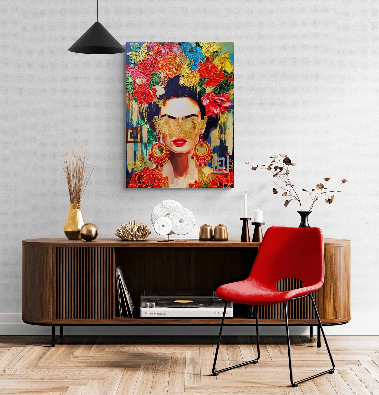 Frida - faceless portrait woman art with mirrors & crystals. Floral ...