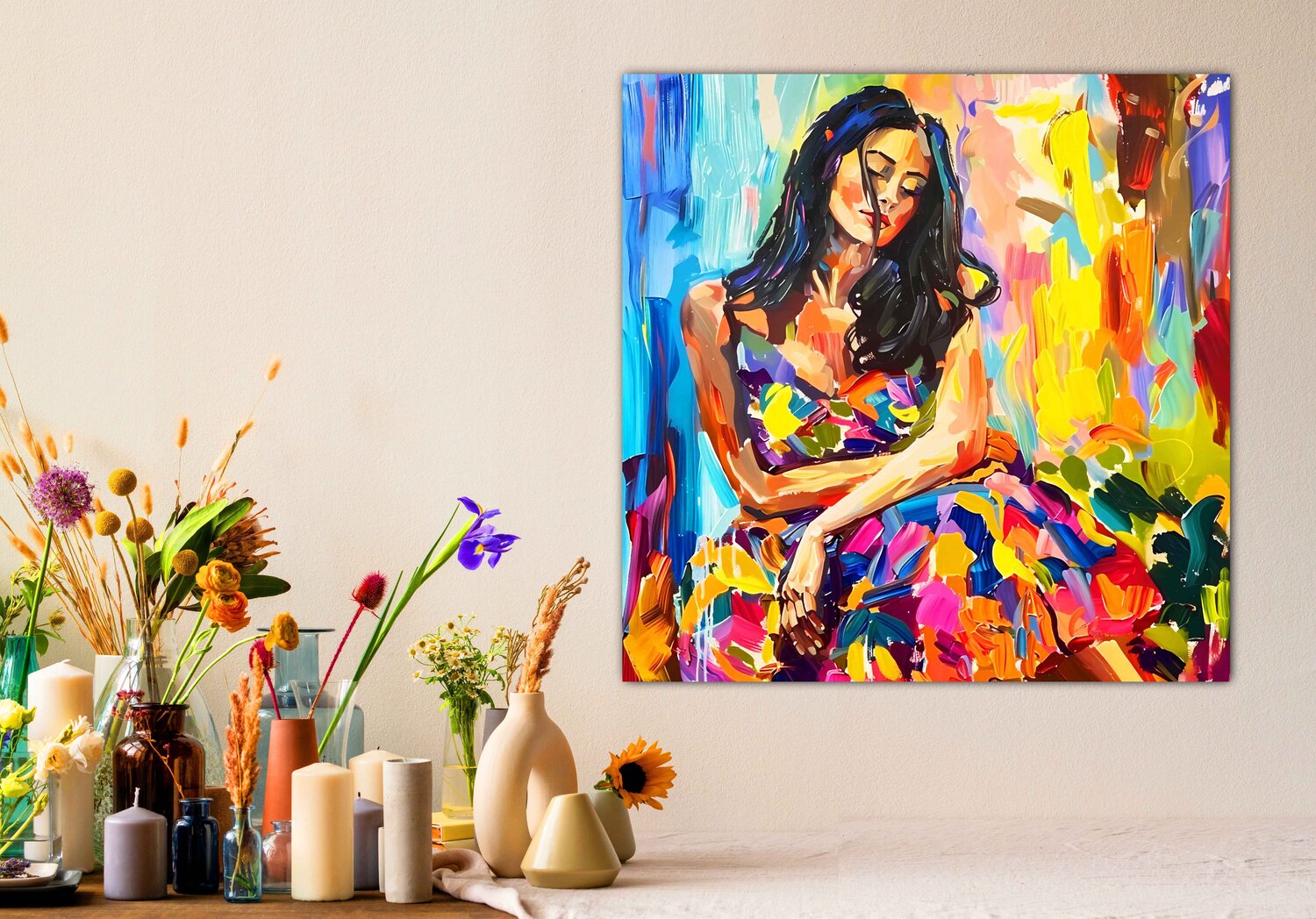 Beautiful brunette woman in colorful dress. Vivid fauvism style artwork ...
