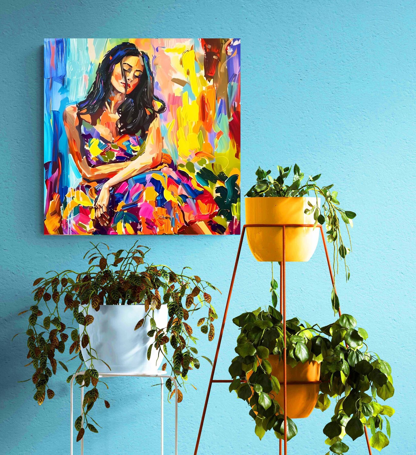 Beautiful brunette woman in colorful dress. Vivid fauvism style artwork ...