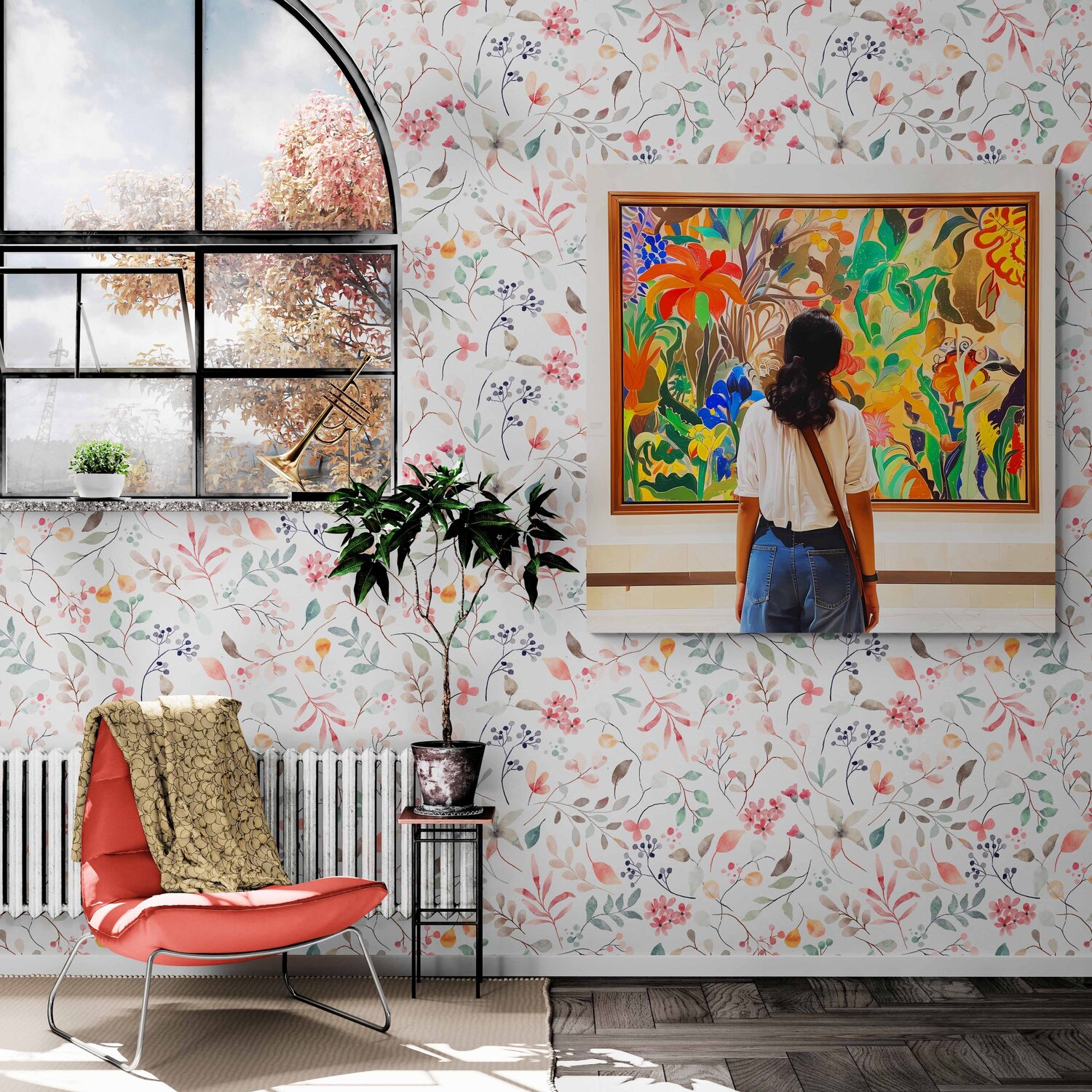 Woman in museum with Matisse style painting - aesthetic colorful wall ...