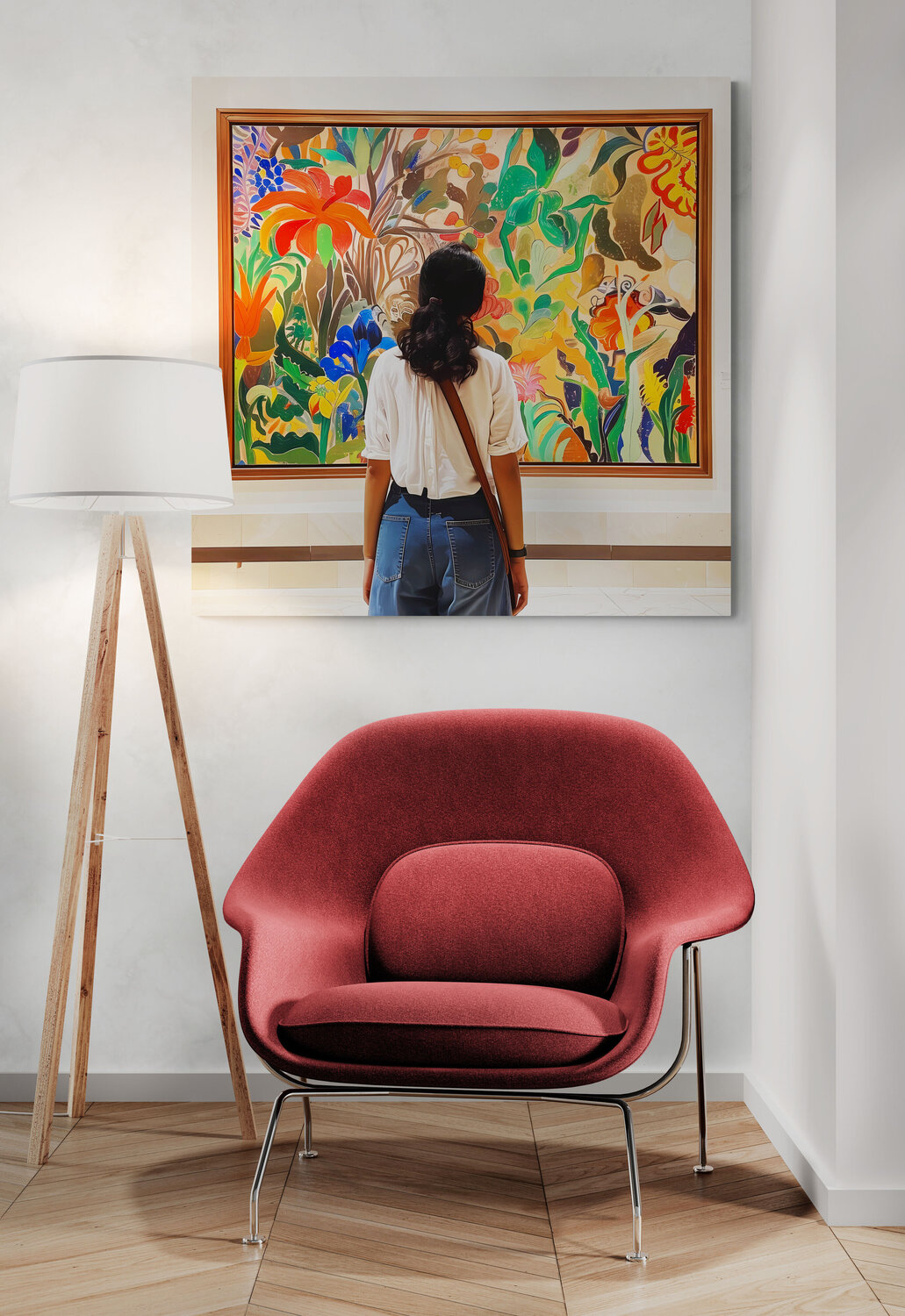 Woman in museum with Matisse style painting - aesthetic colorful wall ...