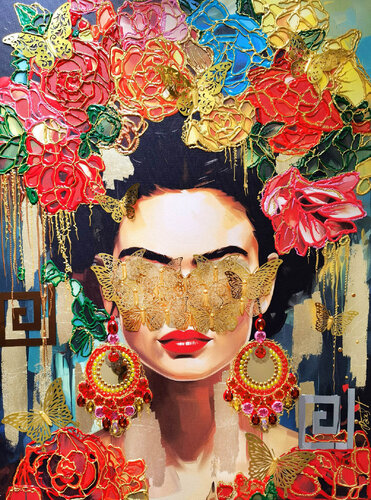 Frida - faceless portrait woman art with mirrors & crystals. Floral ...