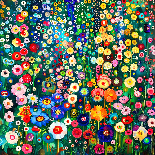 Klimt's garden. Colorful abstract floral painting with vivid flowers by ...