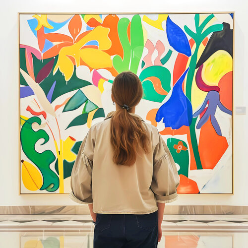 Woman in museum with Matisse style painting - aesthetic colorful wall ...