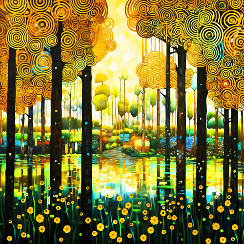 Warm green gold forest and calm river with light reflections and bright ...