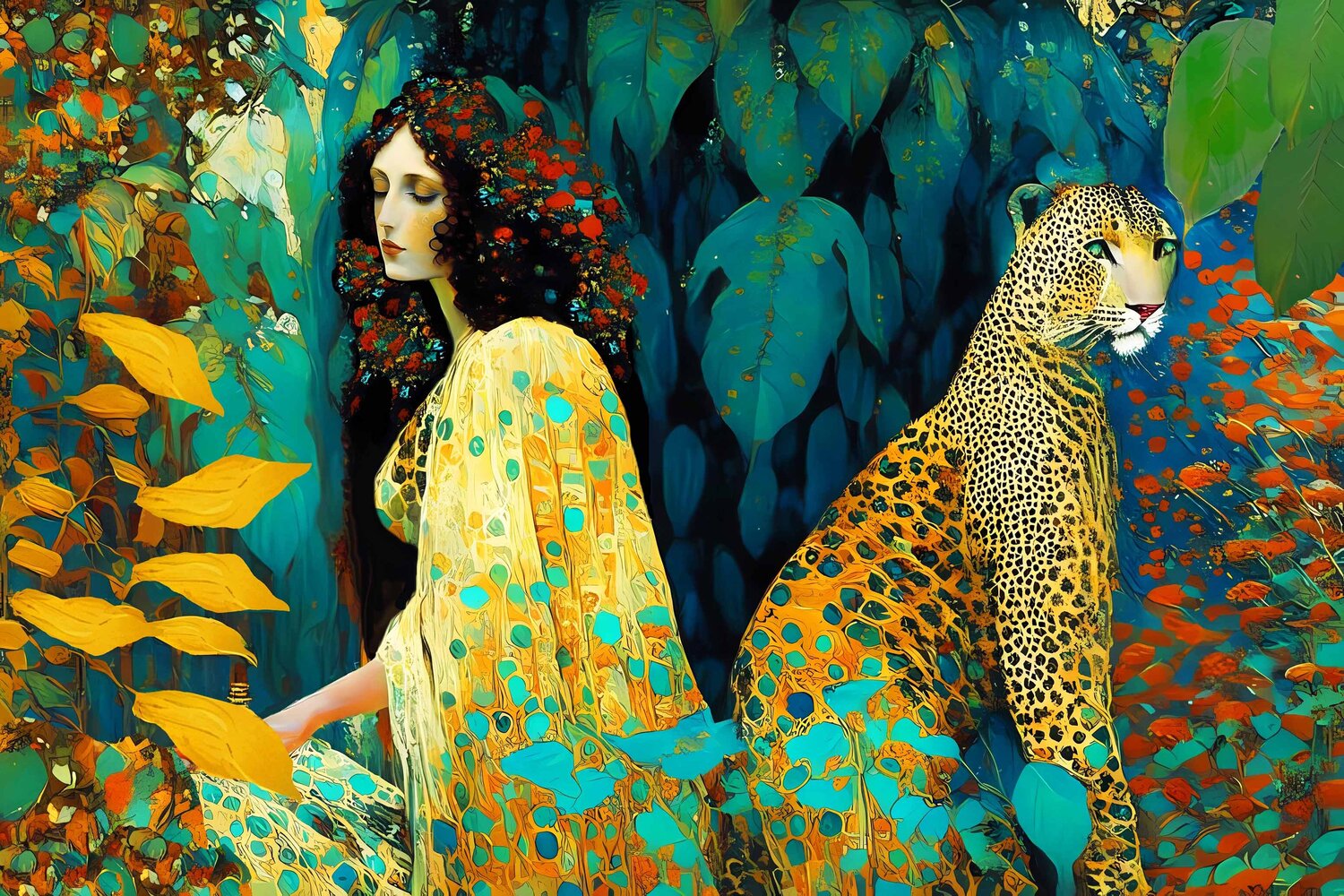 Woman and leopard in the jungle. Large female portrait wall home decor ...