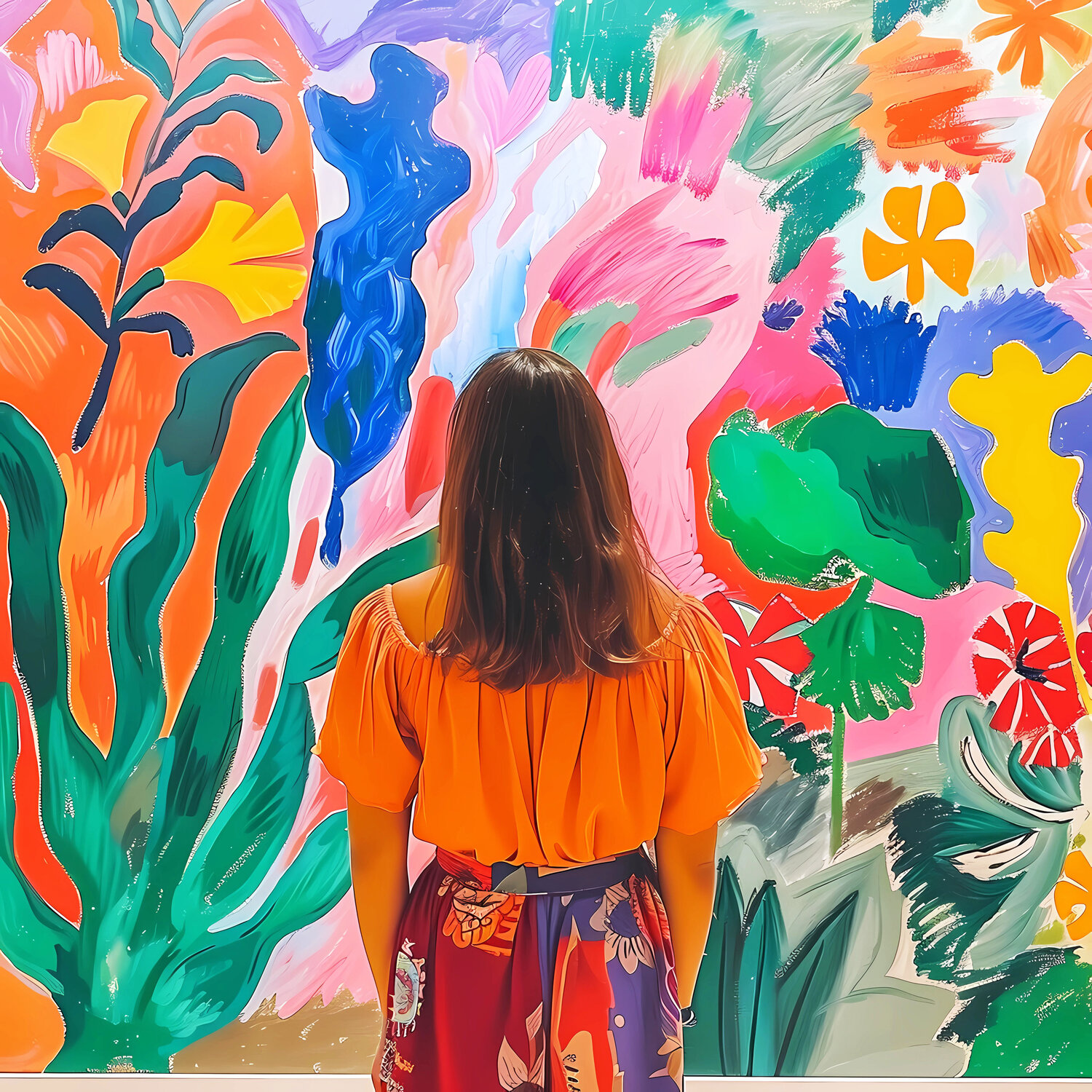 Woman in museum with Matisse style painting - aesthetic colorful wall ...