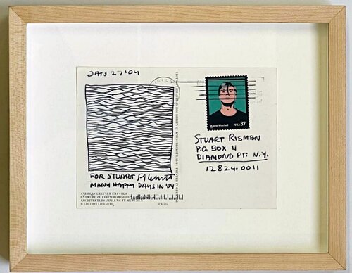 Wavy lines, original signed Minimalist ink drawing on card with Warhol ...