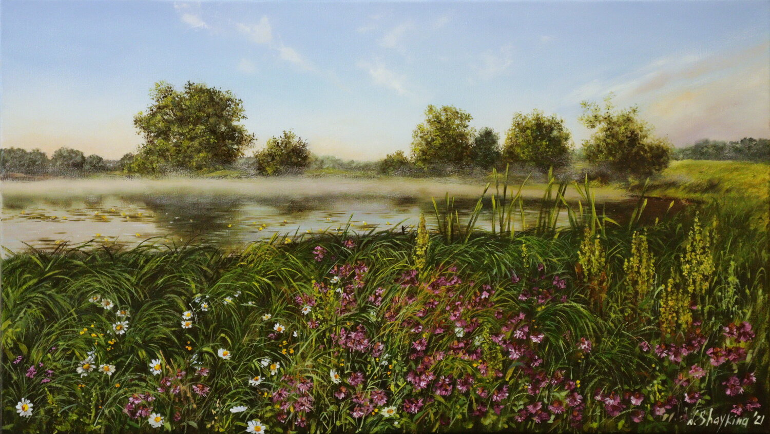 Beautiful Misty Morning at the River, Fields of flowers von Nataliia Shaikina (2021): Malerei Öl ...