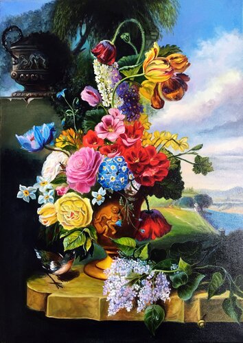 Still life of flowers in a vase with a finch and a snail. by Olga ...