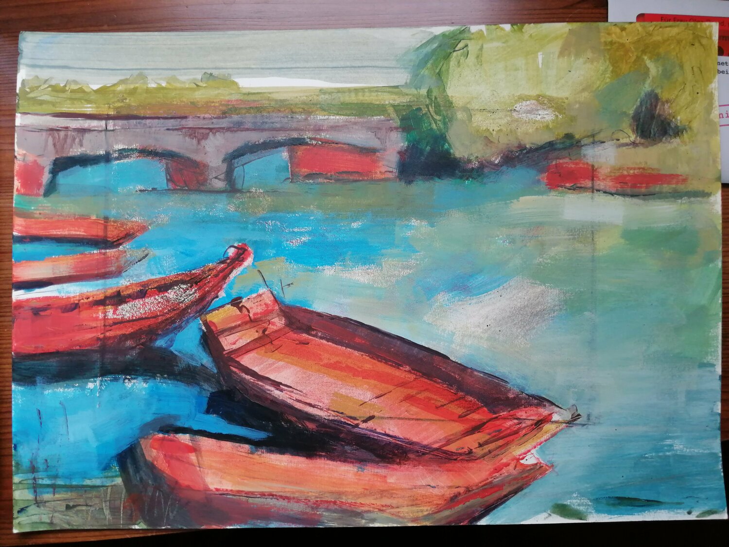 Rote Fischerboote von Olga David (2021): Werk auf Papier Acryl auf Papier - SINGULART