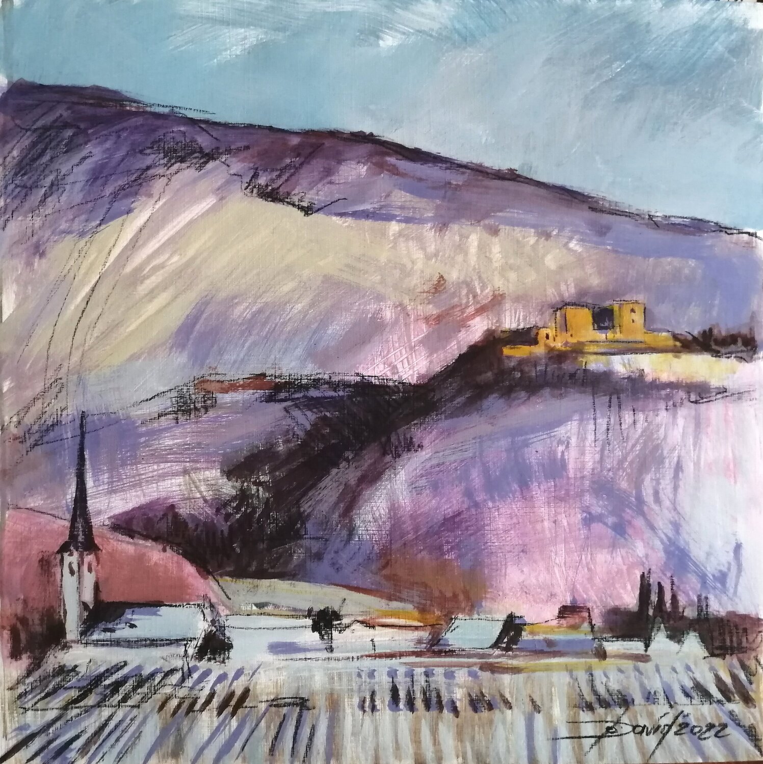 Berglandschaft im Schnee von Olga David (2022): Malerei Acryl, Pastell ...