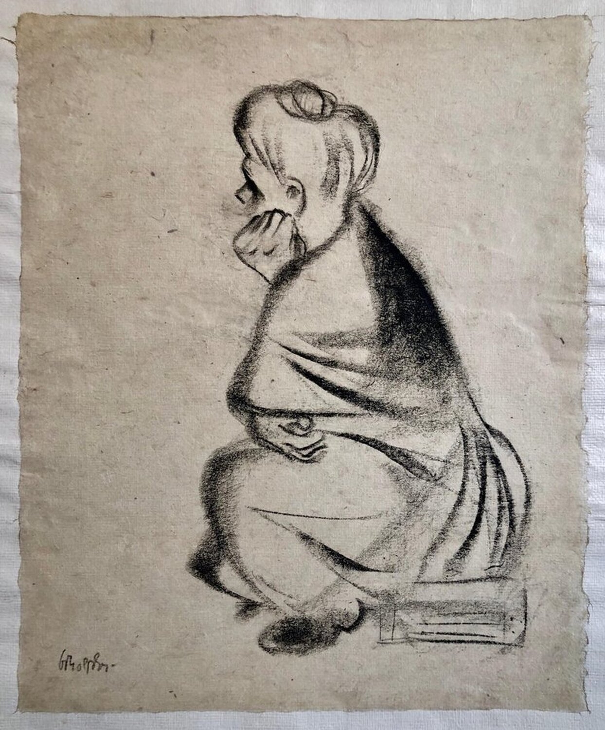 Charcoal Drawing "Waiting" Pensive Woman Americana WPA Artist by ...