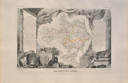 Carte ancienne du Gard et ses arrondissements, Gravure originale by ...