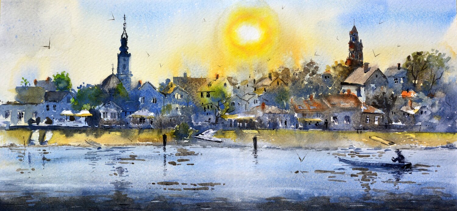 Sunce i Dunav kej Zemun 17x36cm 2022 de Nenad Kojić (2022) : Peinture Aquarelle sur Papier ...