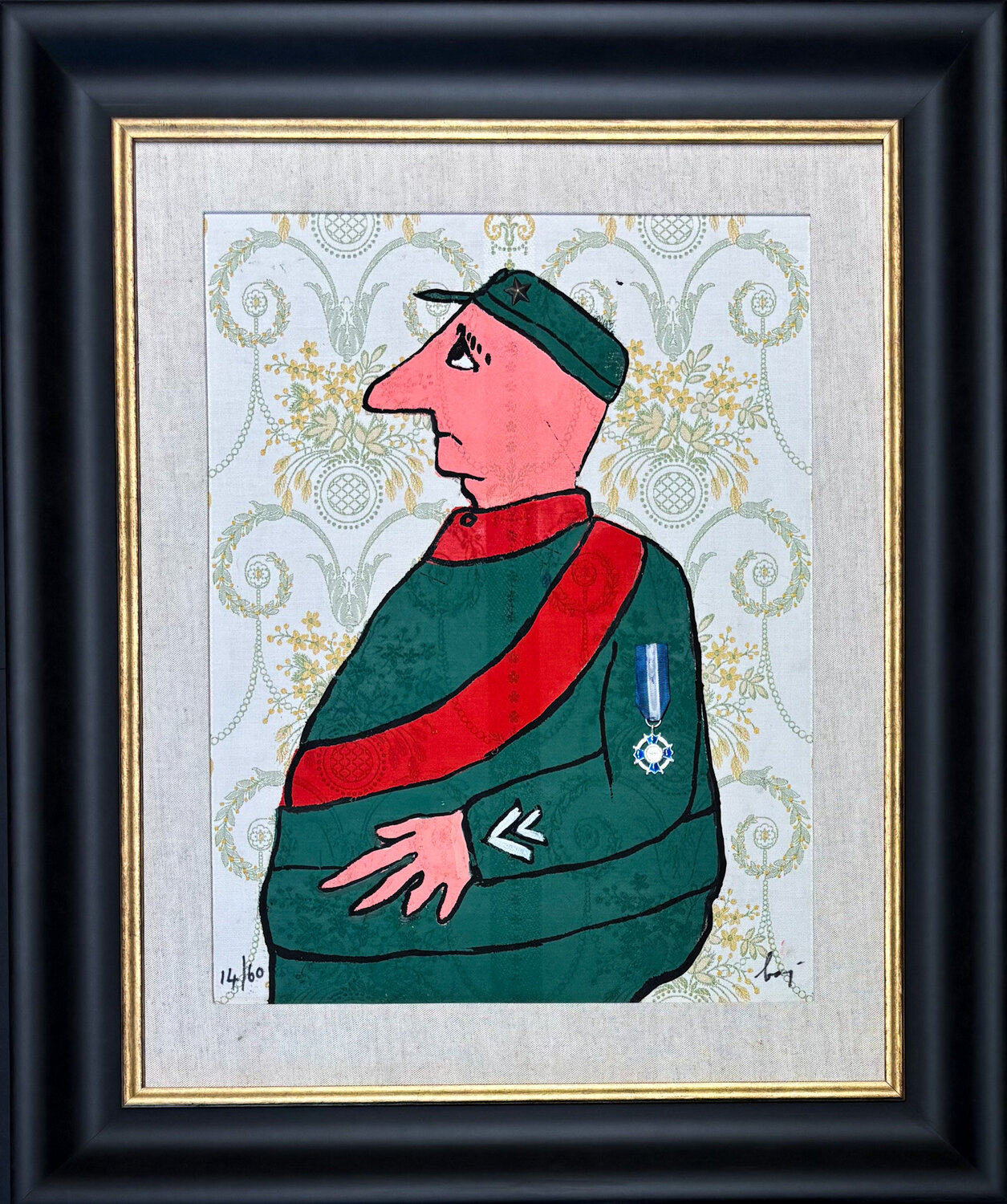 Enrico Baj (1924–2003) - Caporal - Color etching and collage on brocade ...