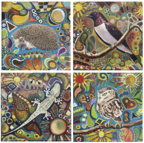 Four Doodle Paintings: Hedgehog, Amethyst Starling, Gekko, Little Owl ...