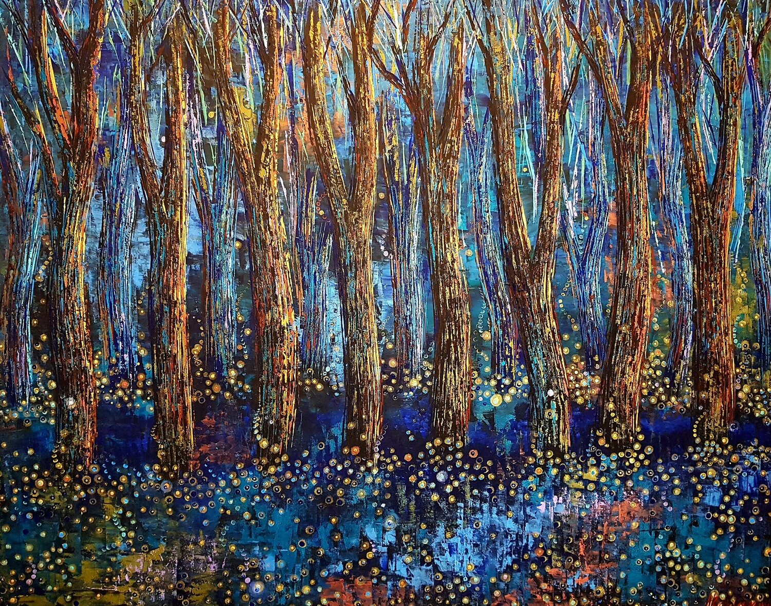 Night Forest Painting Original Artwork Gold Firefly Forest Full Moon Starry Night Large Wall Art ...
