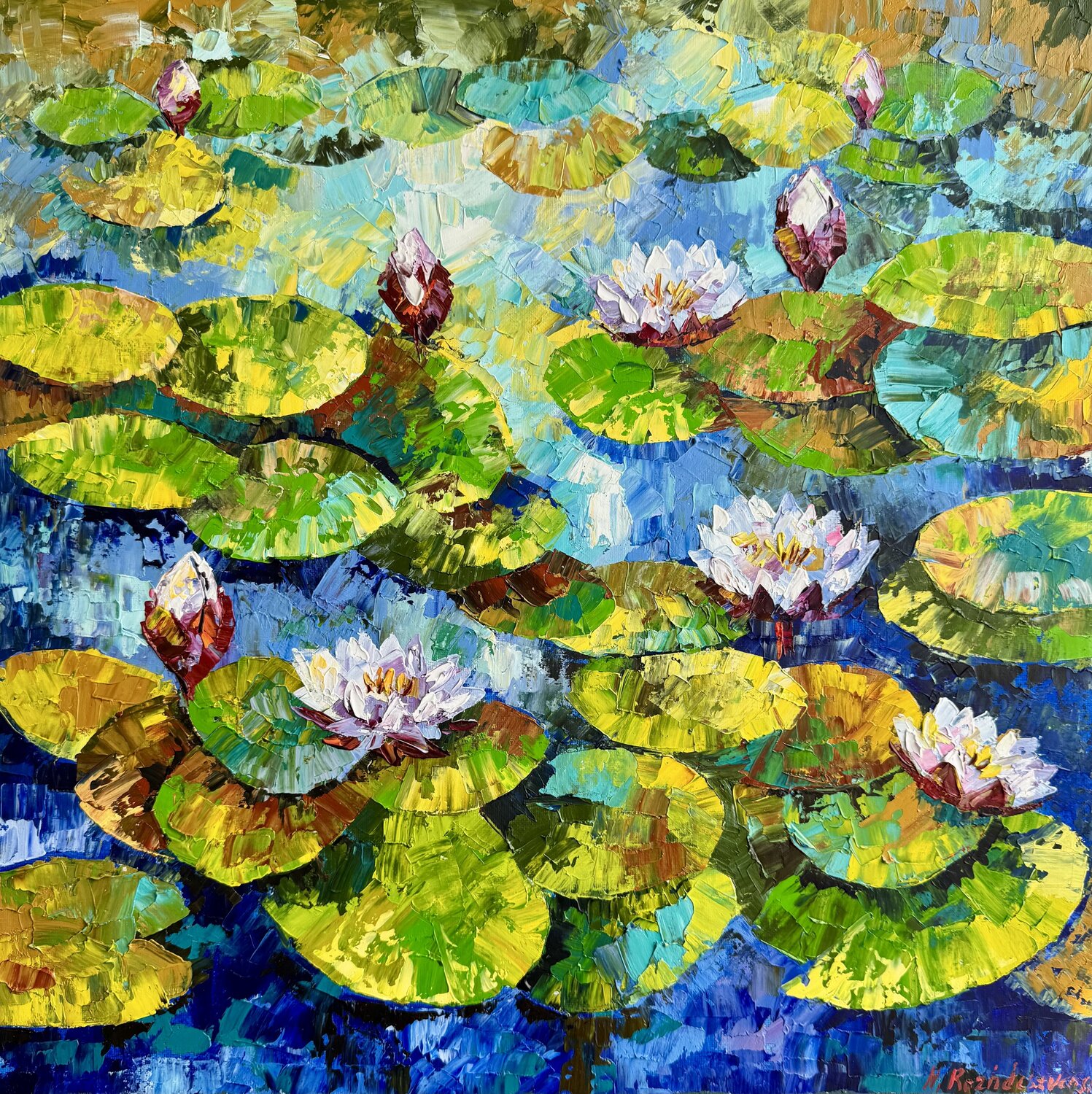 Water Lily Painting Original Oil Artwork 50x50 Flowers Impasto Painting ...