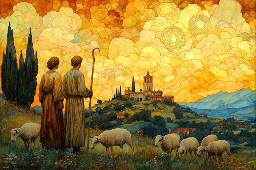 Medieval shepherdess with her companion, near Magnifica Casa Padronale ...