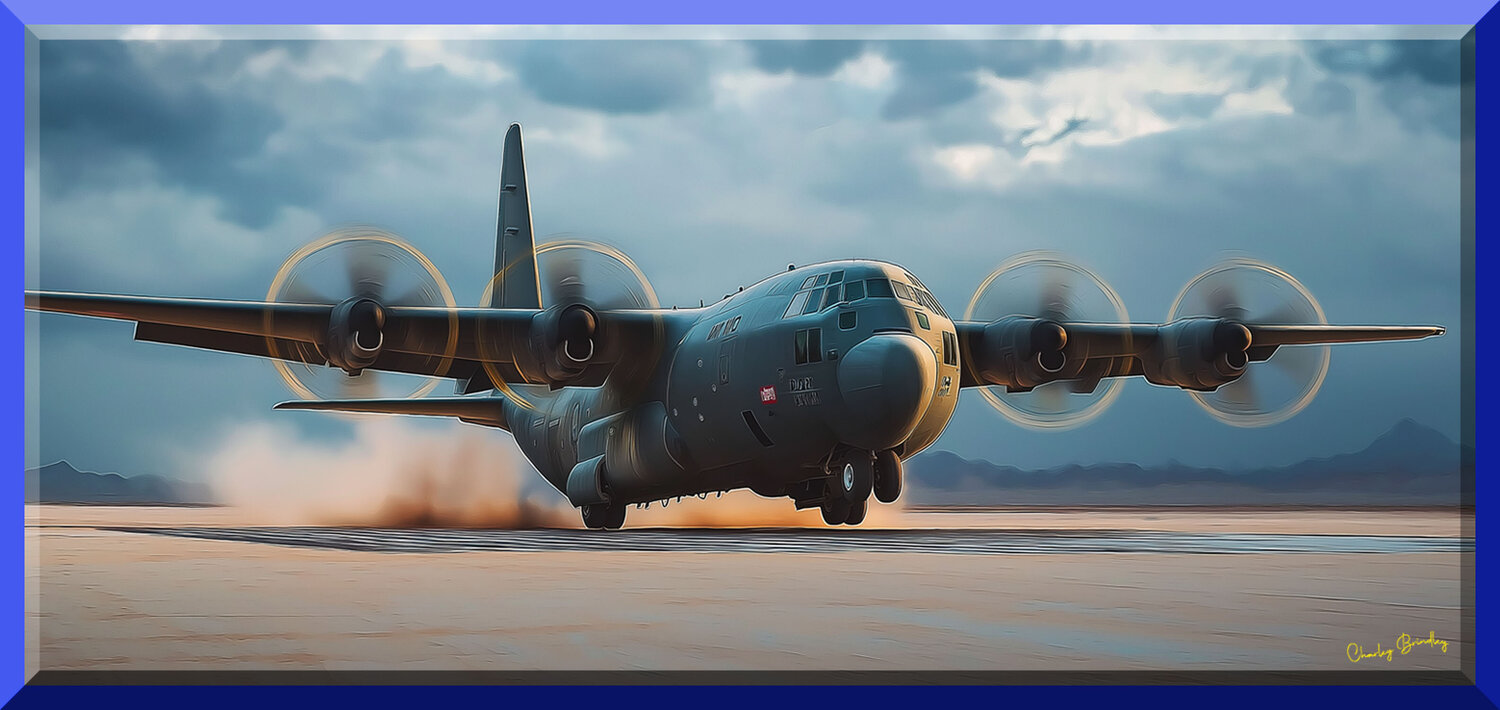C-130 landing in the desert on temporary runway made of pierced steel ...