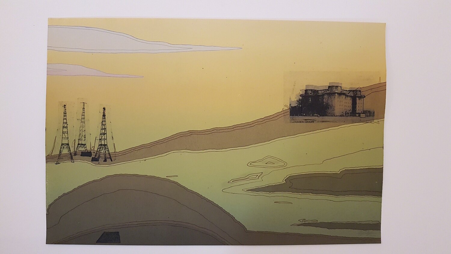Landscape with Radio Towers, Building, and Drain by Abby Callaghan (2017) : Print Engraving ...