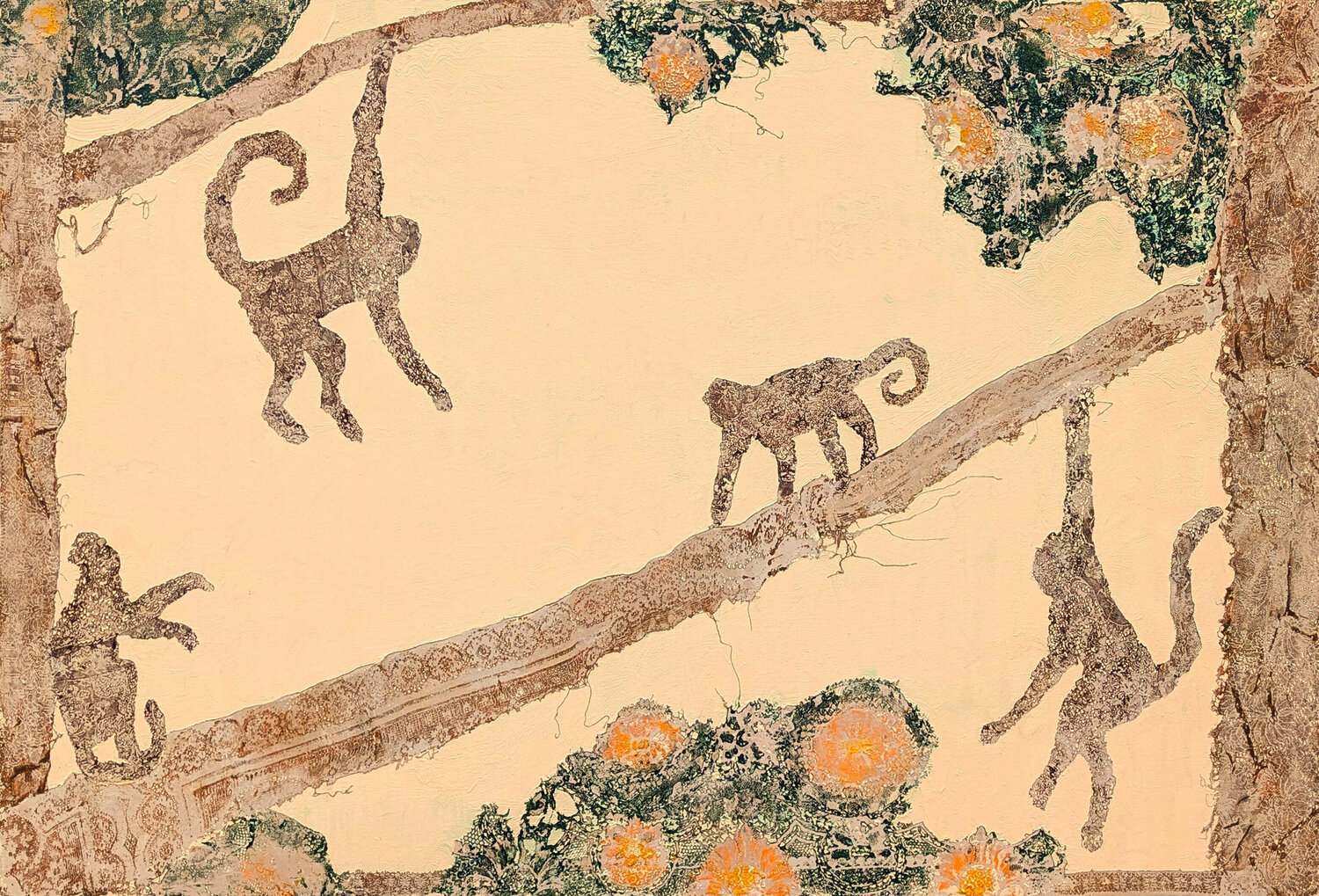 "Monkey Business" Contemporary Neutral Tone Abstract Jungle Animal Lace ...