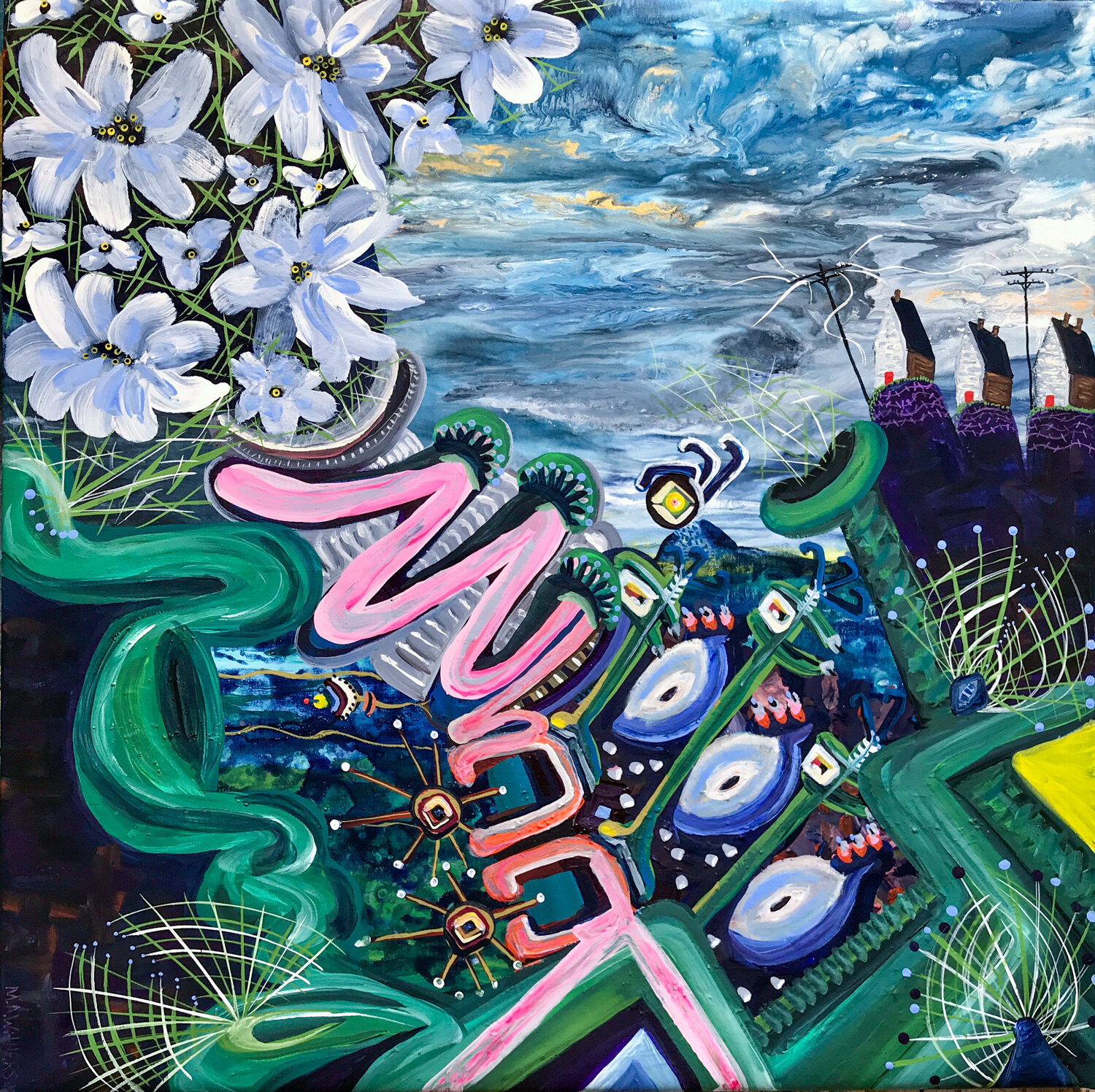 Neighbors with blooming laughs hidden by flowers and hands full of ...