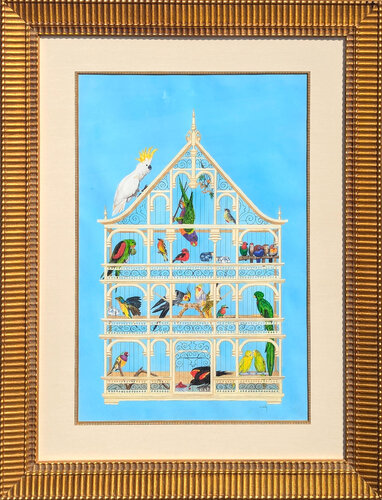 “Bird Cage” Contemporary Blue Toned Surreal Still Life Painting of ...