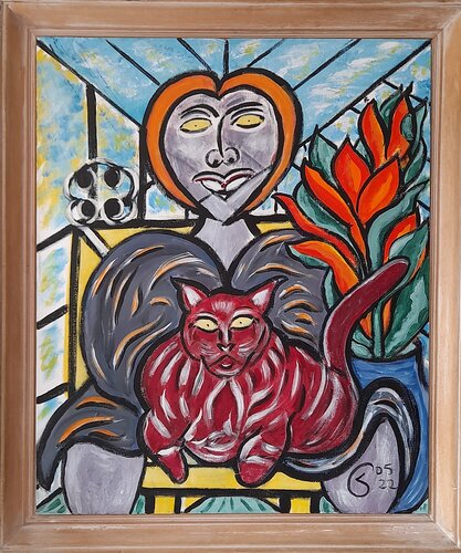 MUJER CON SU GATO SENTADA BAJO DE LA VERANDA by José Garcia Arrojo ...