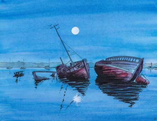 Pin Mill – Two sinking boats in the moonlight by Peter Porteous-Butler ...