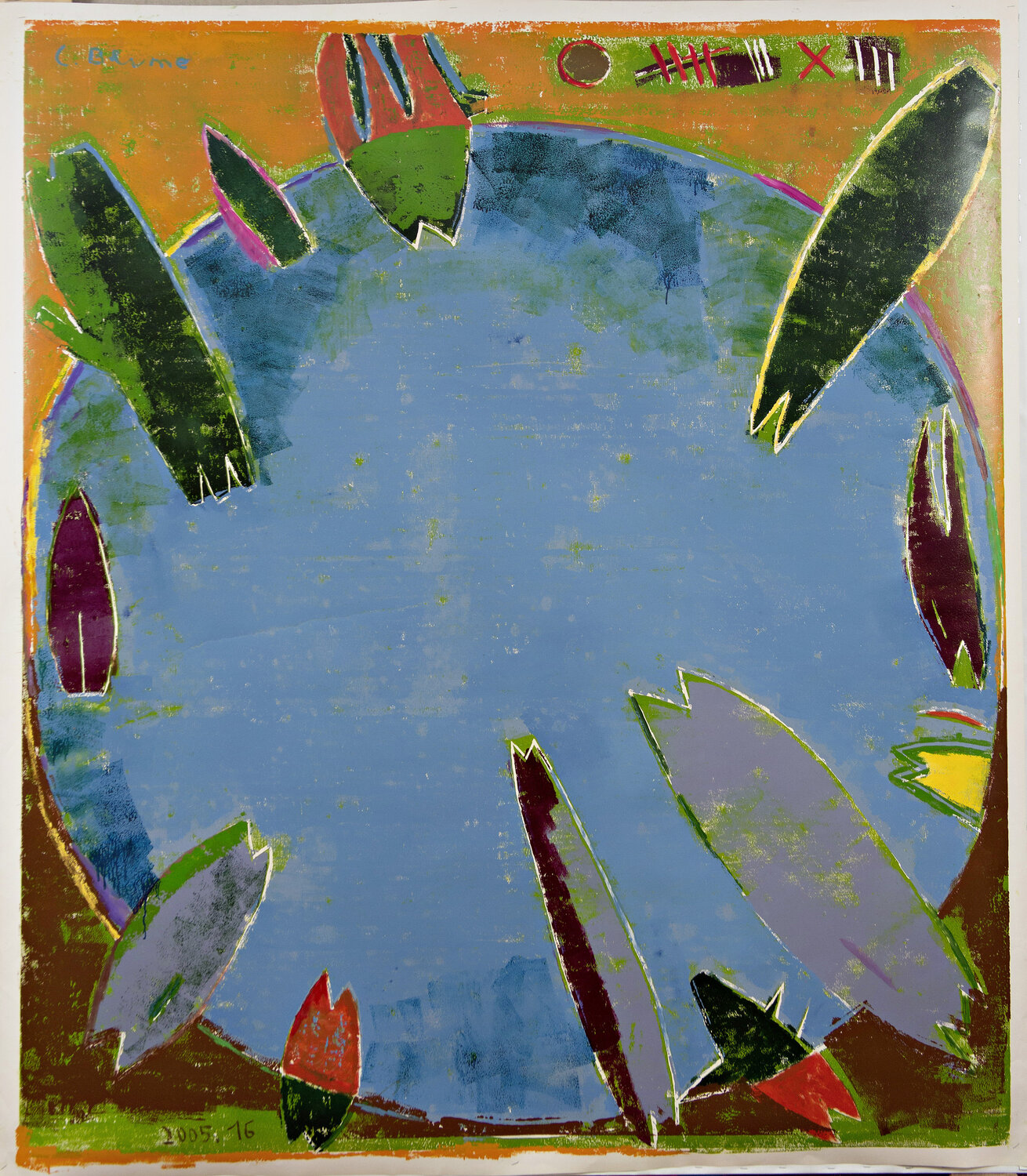 sun disk with fish as sun rays, woodcut on handmade paper de Claudia ...